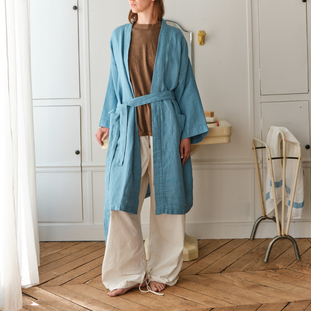 Peignoir en lin - Nid d'abeille - Bleu Primaire – Merci Paris