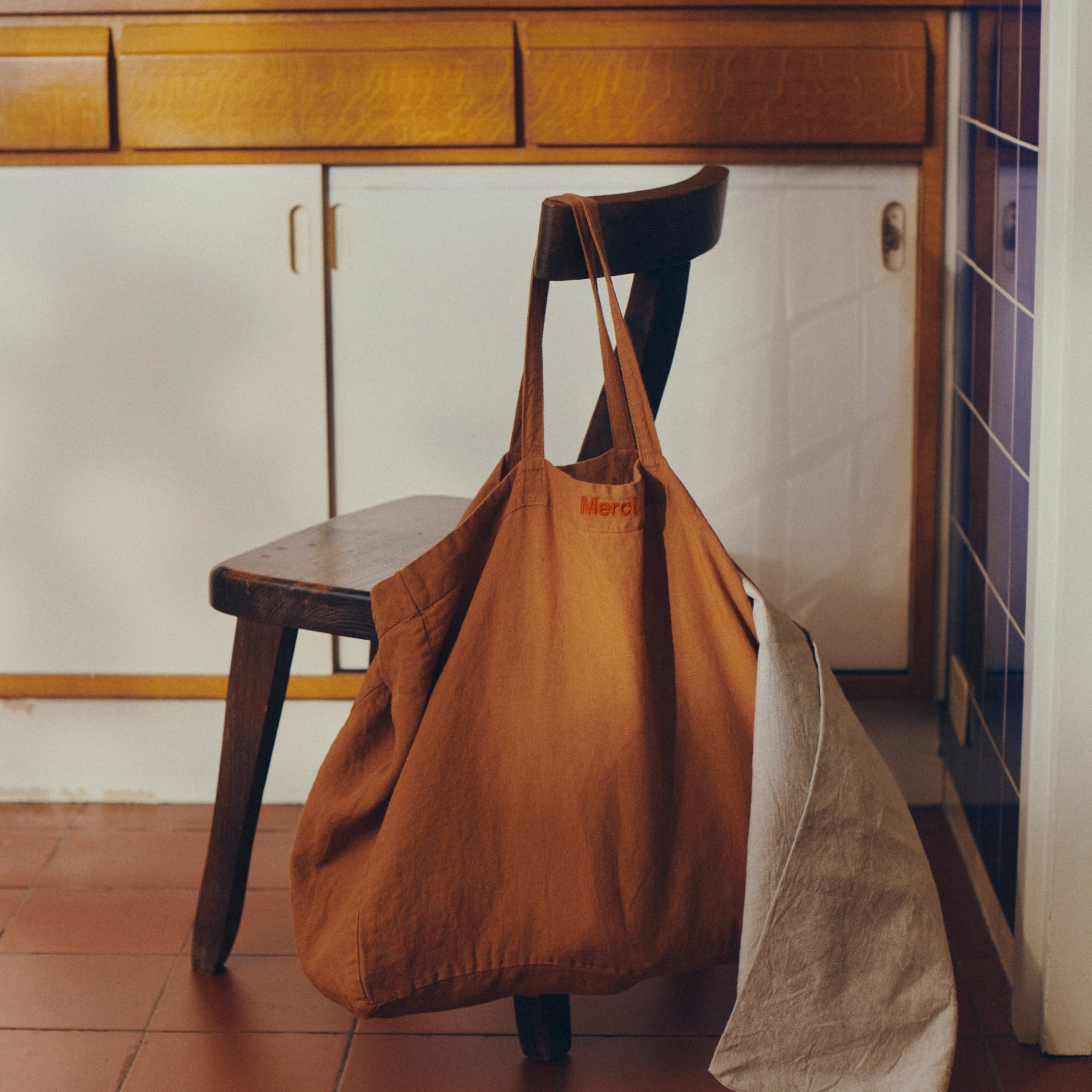 Washed linen Merci shopping bag - Chandigarh Brown