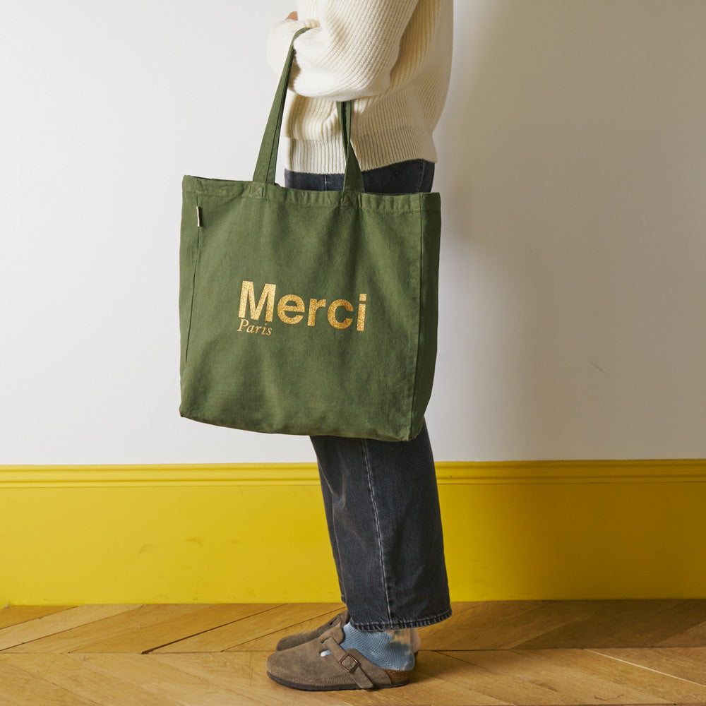 Merci - Cotton Tote Bag - Khaki & Gold – Merci Paris