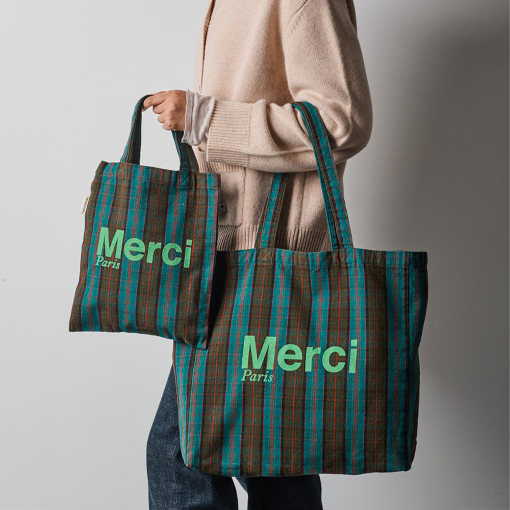 Merci - Cotton Tote Bag - Blue, Brown & Green