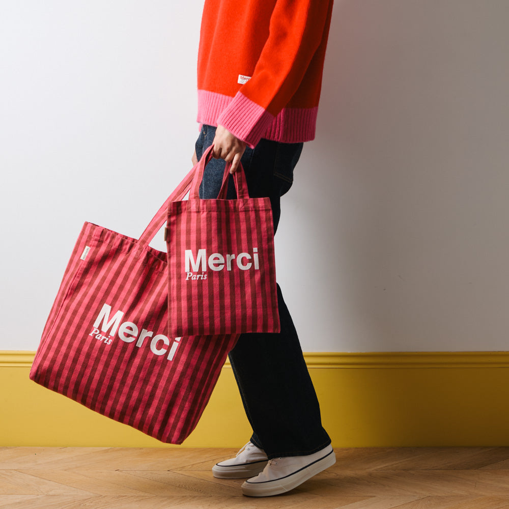 Merci - Cotton Tote Bag - Pink, Wine & Cream