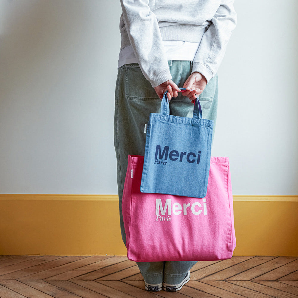 Merci cotton tote bag - Pink & Ecru