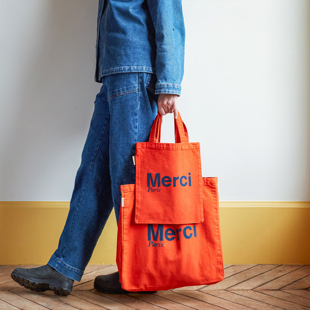 Merci cotton tote bag - Orange & Navy Blue