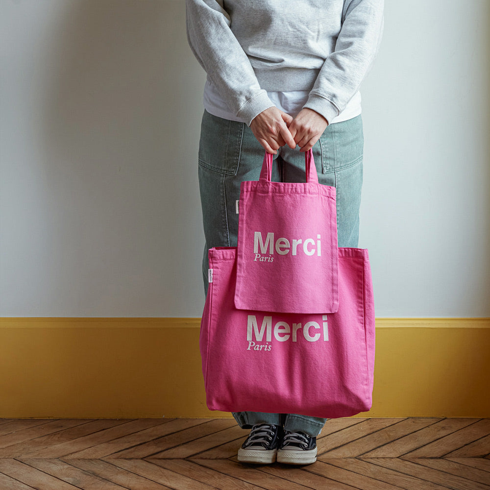 Merci cotton tote bag - Pink & Ecru