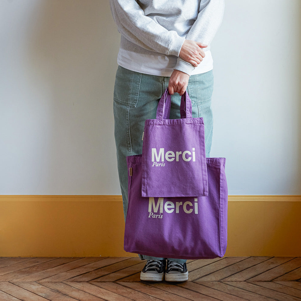 Merci cotton tote bag - Purple & Ecru