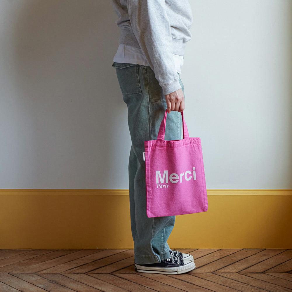 Merci cotton tote bag - Pink & Ecru