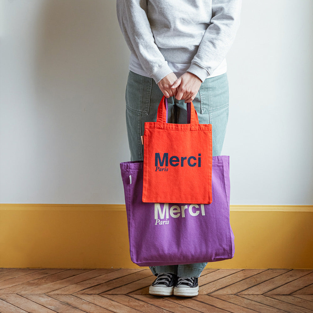 Merci cotton tote bag - Orange & Navy Blue